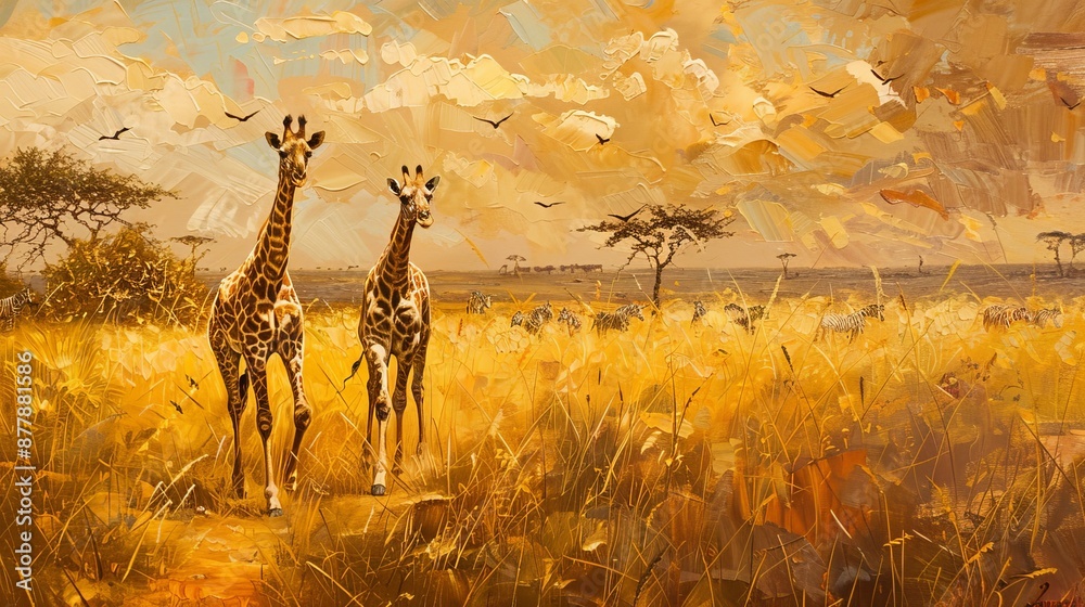 Giraffes gracefully stroll across the savannah of the Serengeti in ...