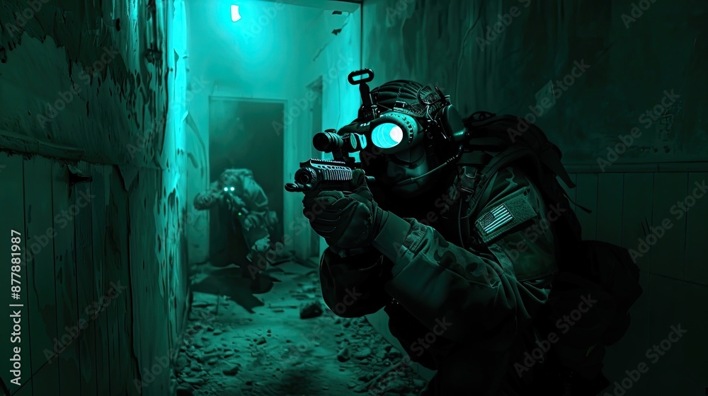 Person using night vision goggles in the dark. Tactical gear ...