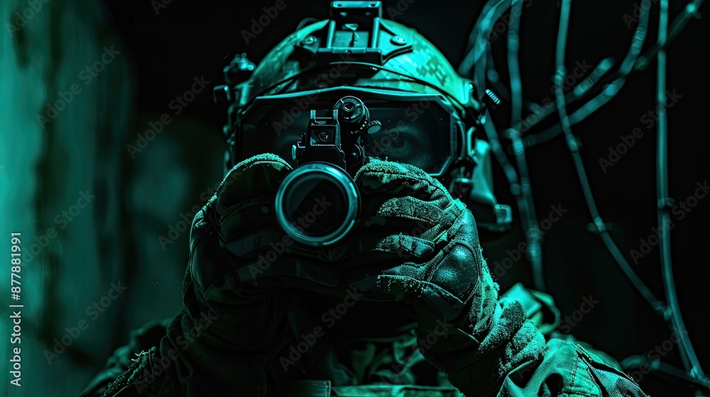 Person using night vision goggles in the dark. Tactical gear ...