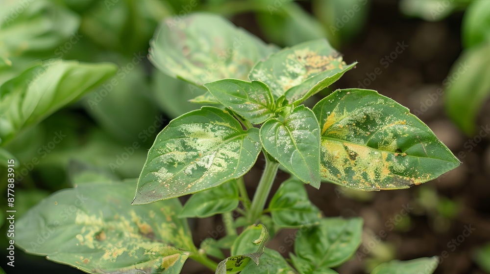 Basil affected by powdery mildew, a common fungal disease, shows white ...