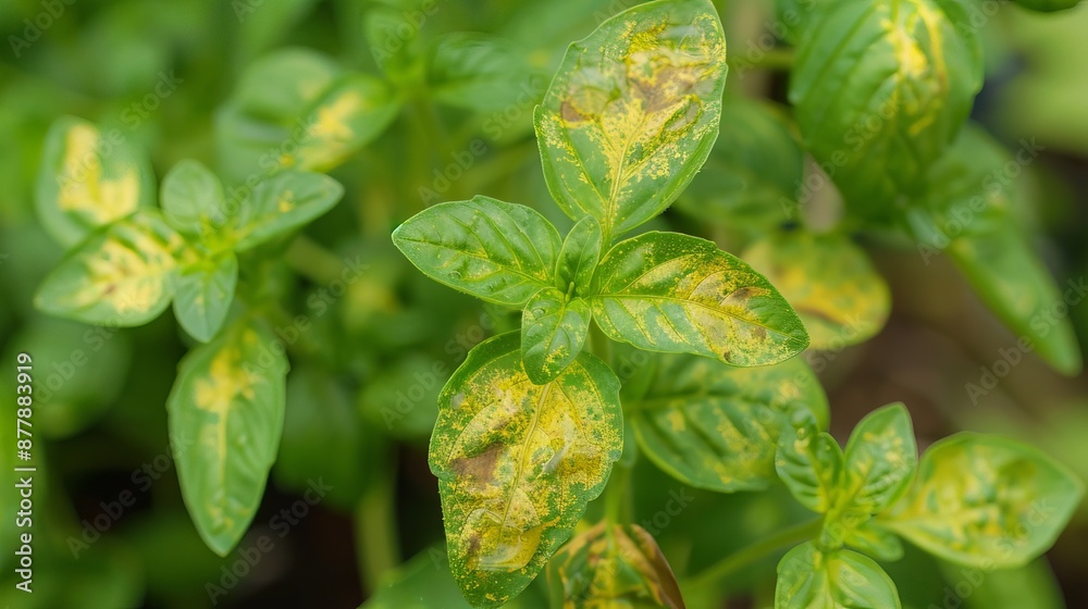 Basil affected by powdery mildew, a common fungal disease, shows white ...