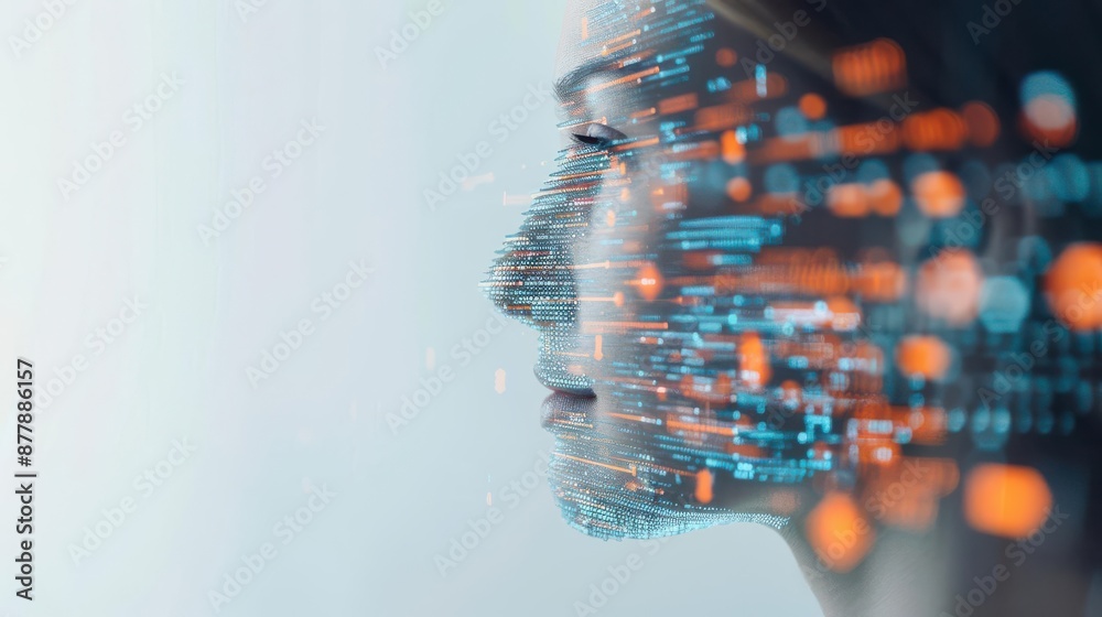 Side profile of a digital human face with futuristic technology elements and data streams ...