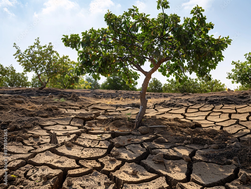 3. Scene of extreme drought with hard, fissured soil; isolated trees ...