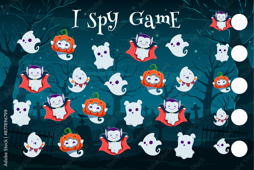 Halloween i spy game quiz, cute kawaii ghost characters. Kids ...