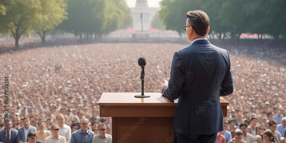 Rear View Portrait of a Male or man politician giving speech at podium ...