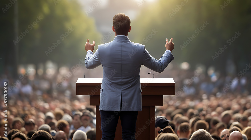 Rear View Portrait of a Male or man politician giving speech at podium ...