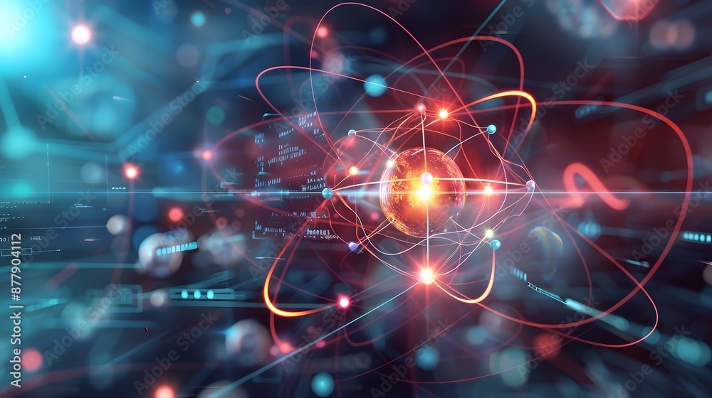 ภาพประกอบสต็อก Colorful Atom Model With Dynamic Electron Orbits Representation Of An Atom With
