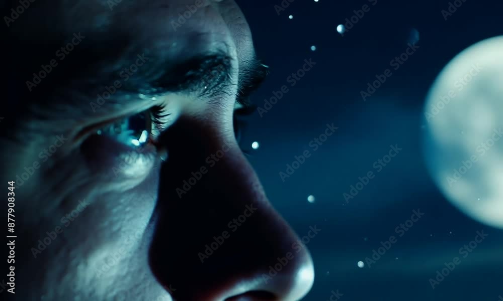 A man standing at the window of a small home, looking out at the night ...