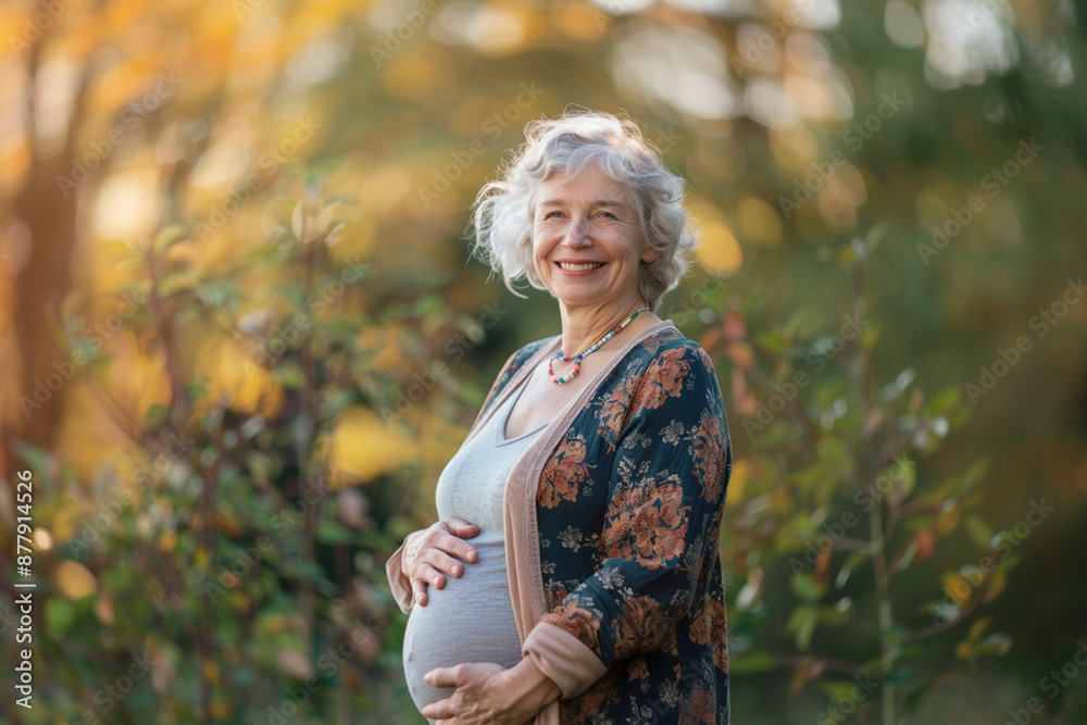 Middle age senior gray haired regnant woman expecting baby at aged ...