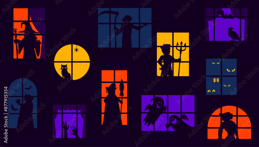 Halloween scary silhouettes in windows. Creepy and spooky vector ...