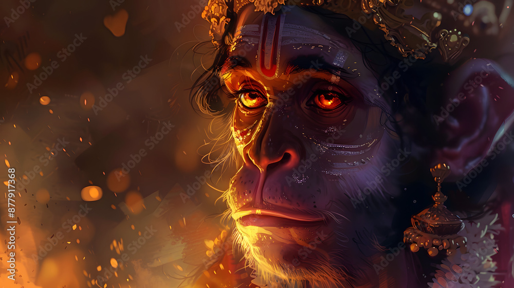 Lord Hanuman's majestic presence, with glowing eyes and a radiant aura ...