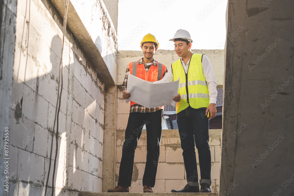 Builder team, foreman asian young engineer, architect man, male are ...