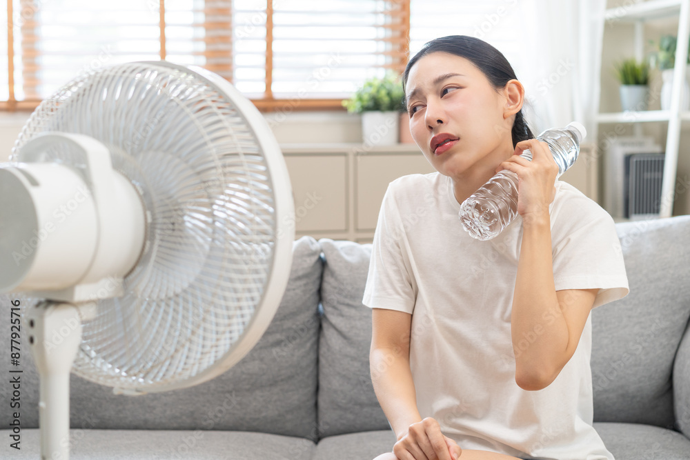 Suffer summer heat wave stroke, hot weather, tired asian young woman ...