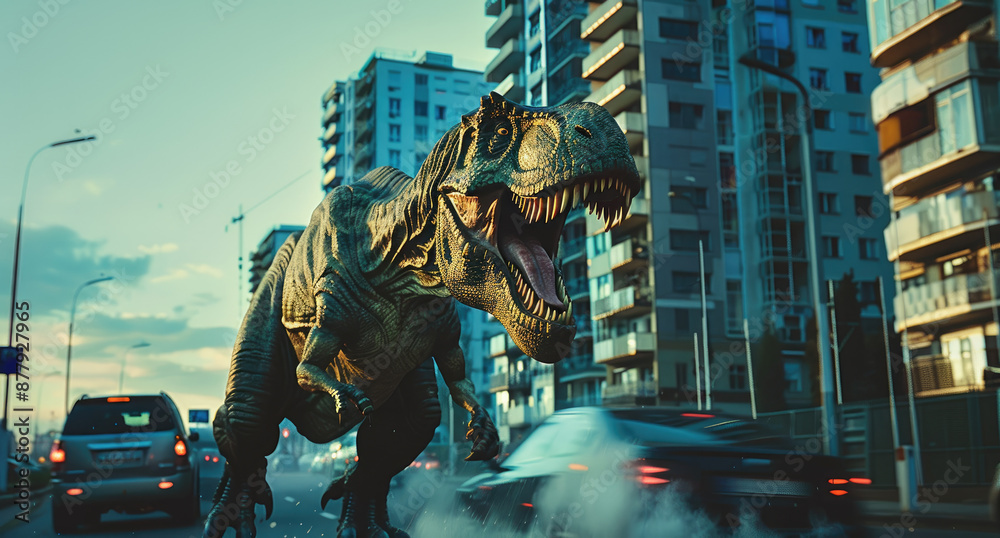 an angry Tyrannosaurus Rex standing on the street in front of modern ...
