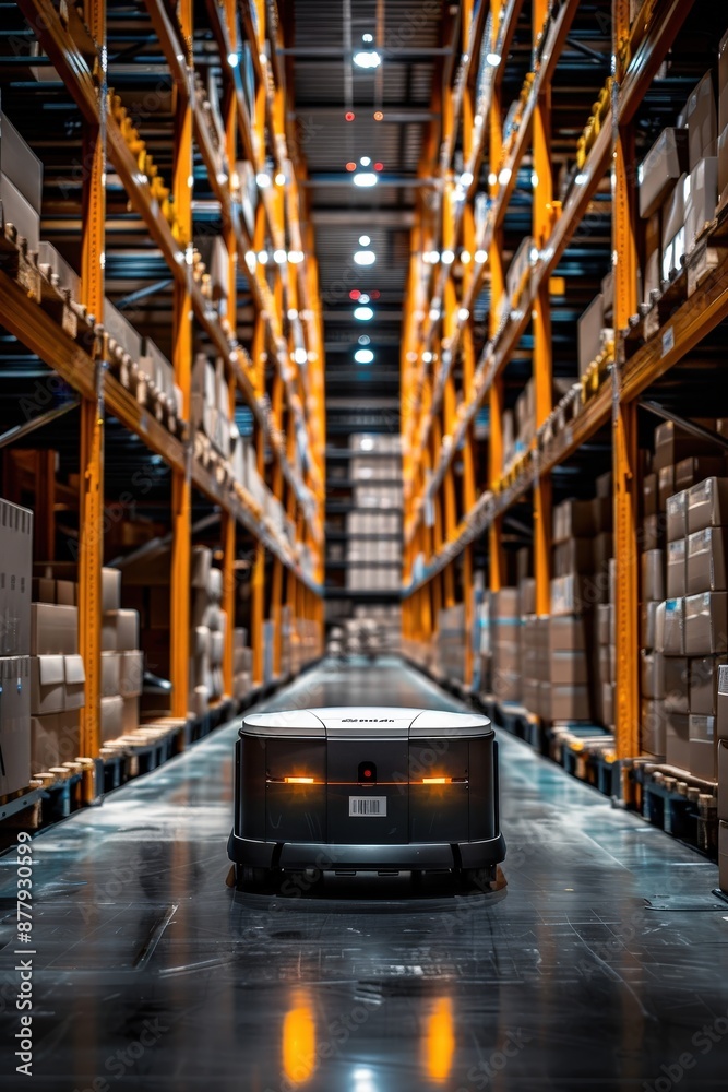 Autonomous robot moving through a modern warehouse aisle with high stacked shelves and boxes ...