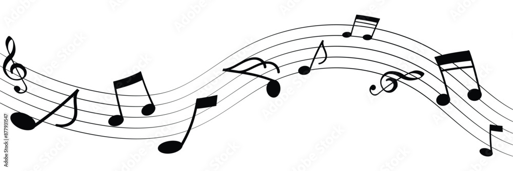 Musical note wave. Music notes melody on white background. Staff treble ...