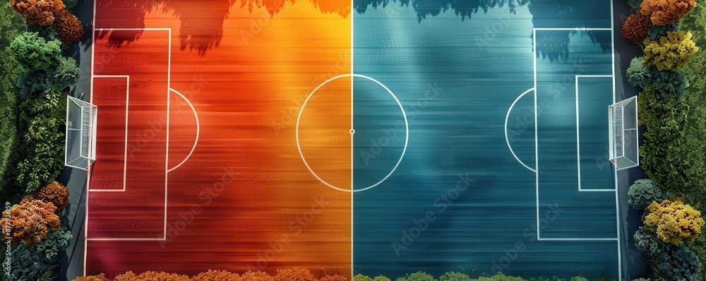 Sports team flat design top view match theme 3D render Split ...