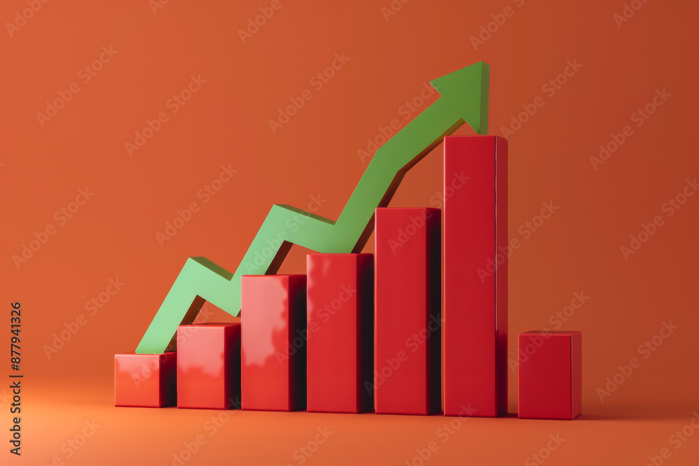 3D bar graph with a rising green arrow on an orange background ...