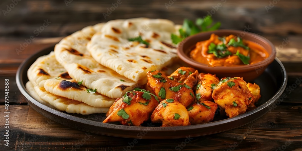 Indian cuisine featuring naan roti and tandoori chicken. Concept Indian ...