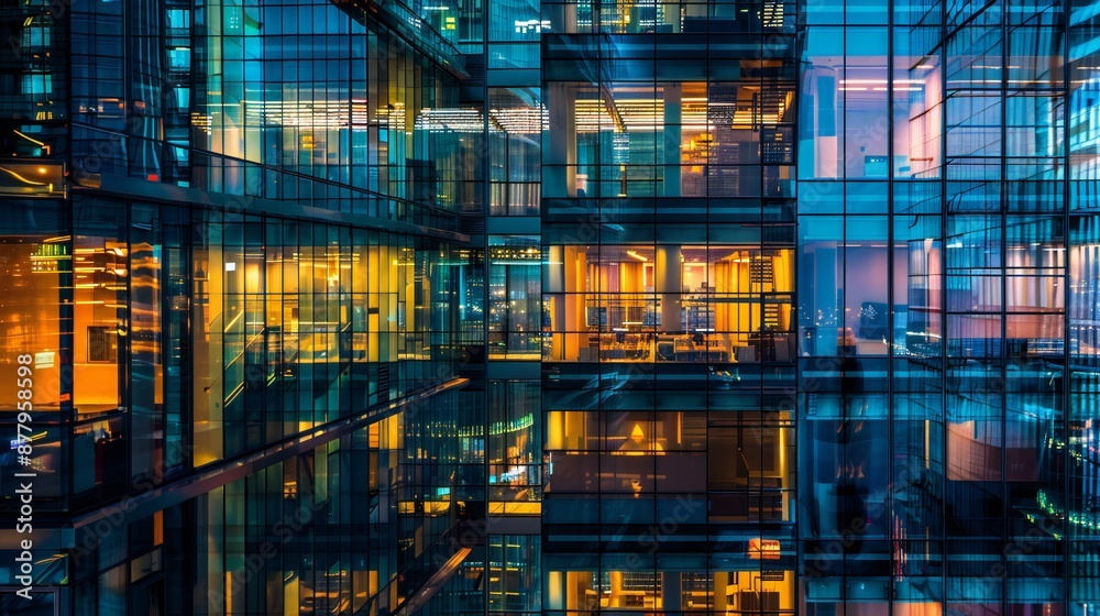 Architectural abstract with overlapping layers of glass facades and ...