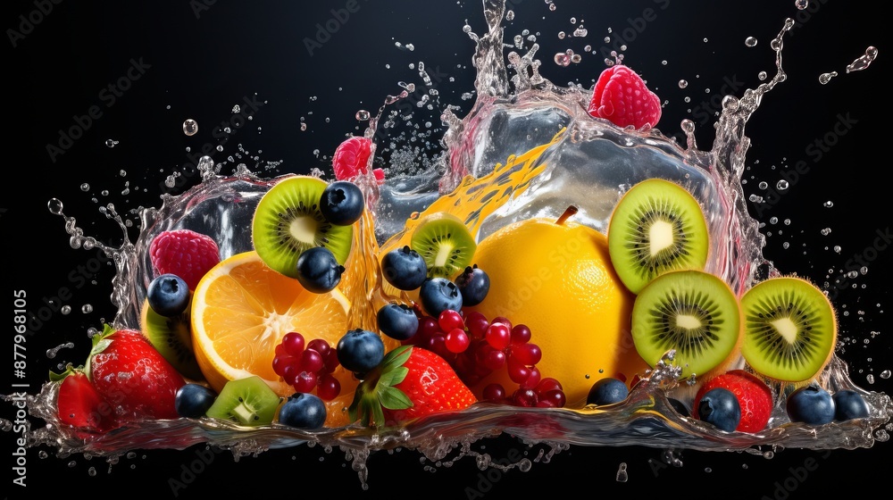 Colorful mixed fruit juices splashing in high-speed motion photography ...