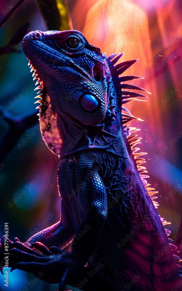 A vibrant, blue iguana with glowing red and purple highlights, its eyes ...