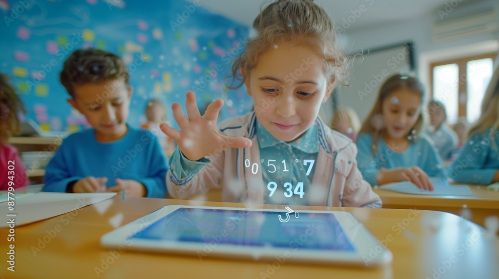 A tablet on a classroom desk displays augmented reality, enhancing math learning in a fun ...