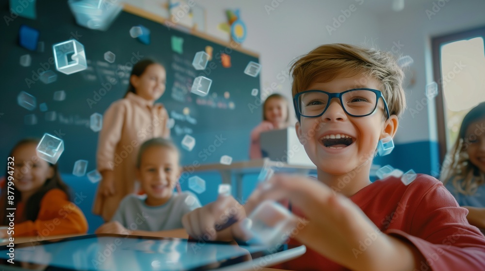 A tablet on a classroom desk displays augmented reality, enhancing math ...