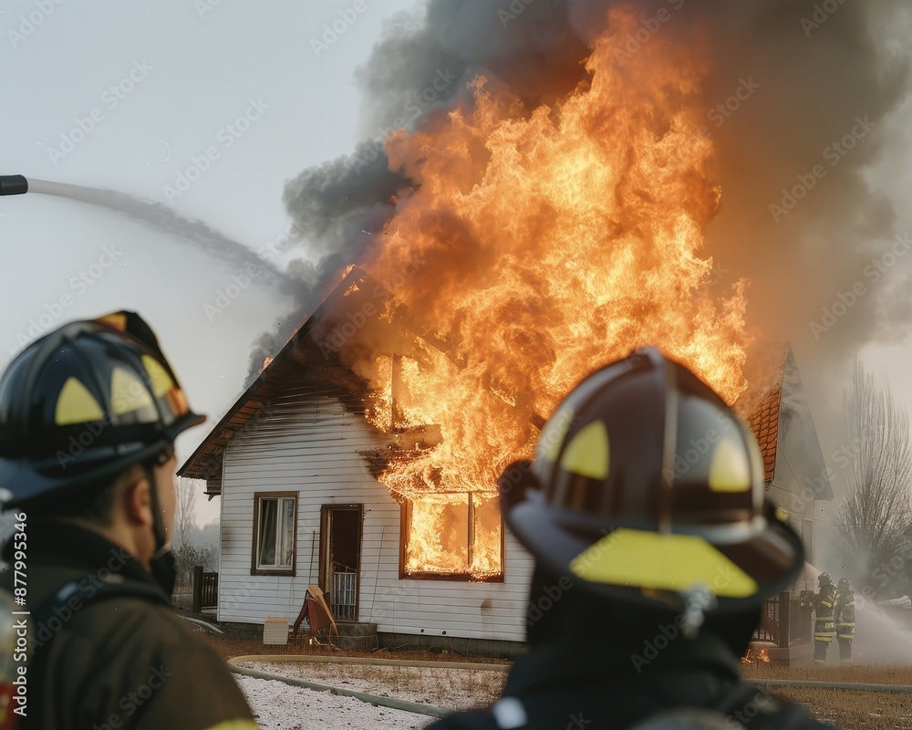 Firefighters combating an intense house fire with flames and smoke ...