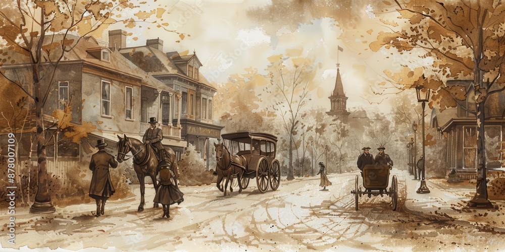 Victorian Street Scene A watercolor illustration of a bustling ...