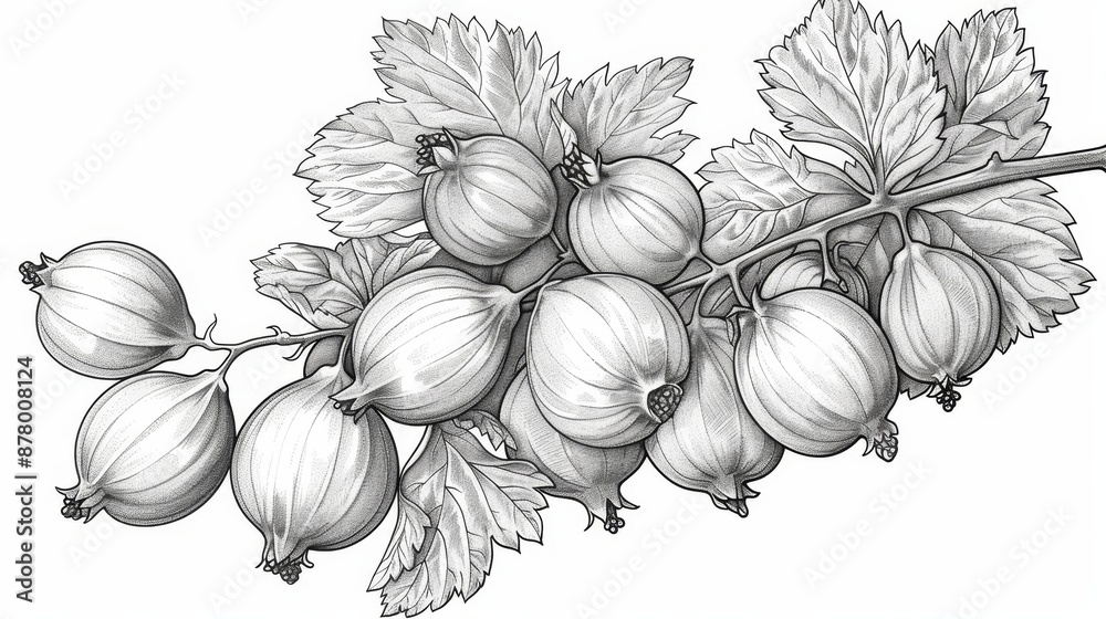 coloring book Black and white drawing of gooseberries on a branch with ...