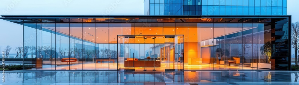 Glass building entrance flat design side view, corporate office theme ...