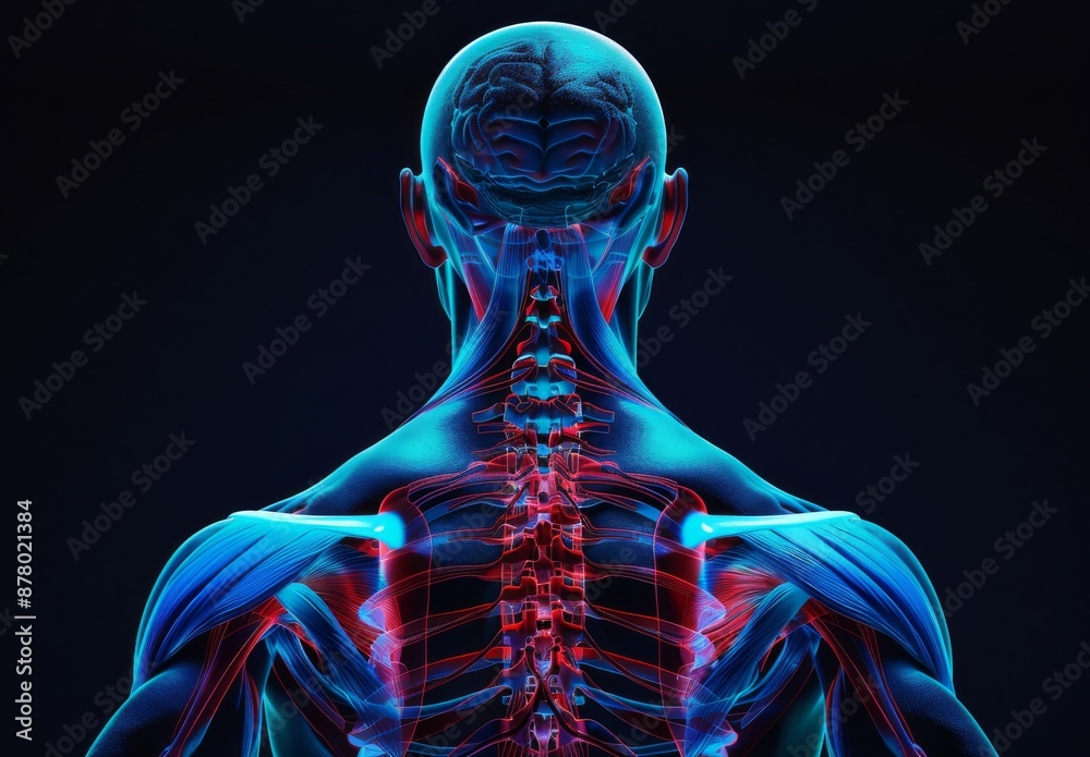Detailed illustration of human muscular system showing back muscles and ...