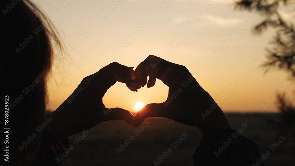 girl heart sign, sunset love symbol, hand silhouette heart, romantic gesture sunset, love hand ...