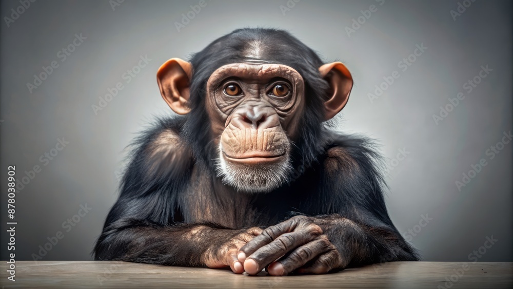 Adorable black and white chimpanzee sitting squarely on a studio table ...