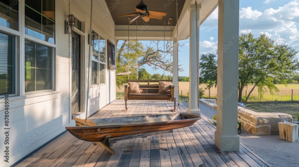 ranch house with a front porch that includes a swing made from ...