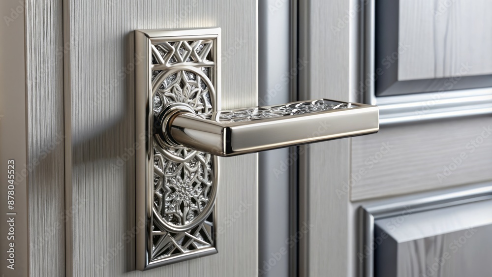 Sleek metallic door handle with intricate design mounted on modern ...
