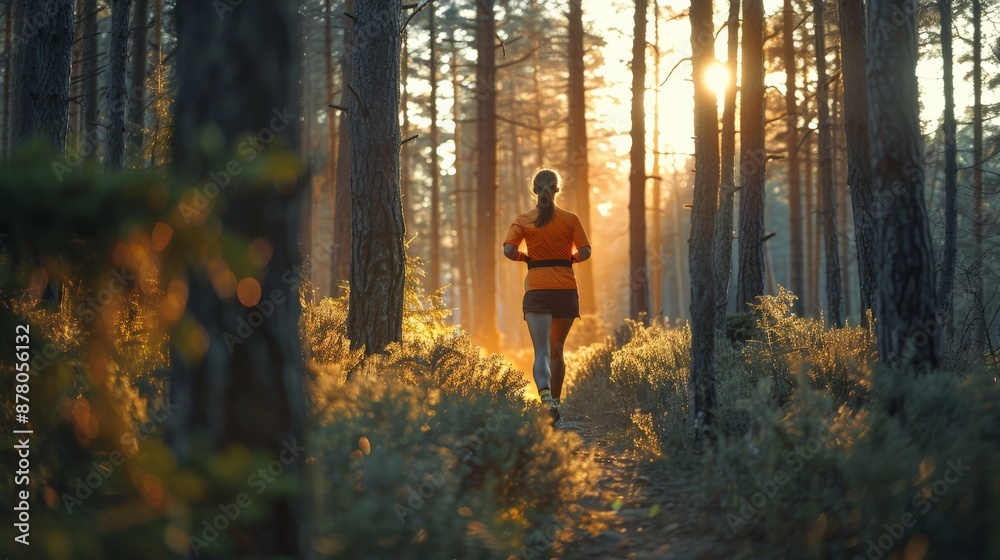 A trail runner moving through a forest, surrounded by towering trees ...