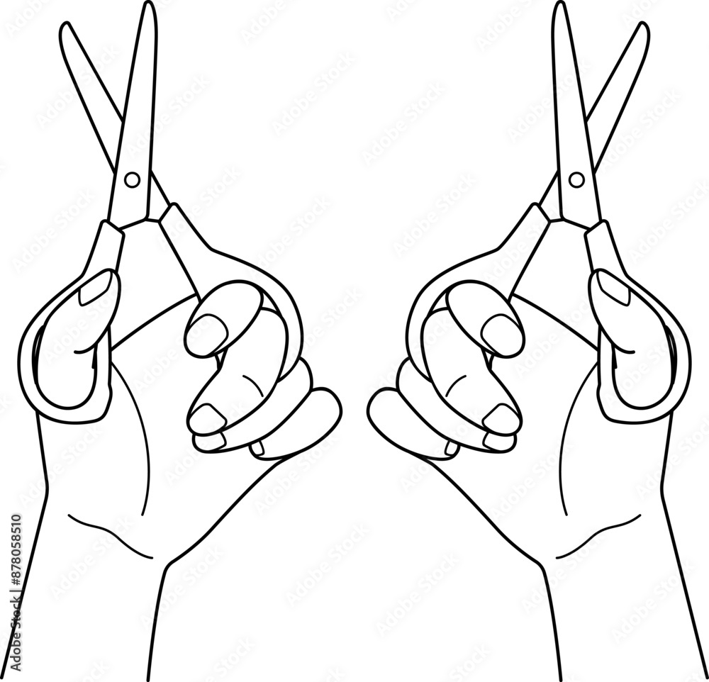 Vector line illustration of a left hand holding scissors and a right ...