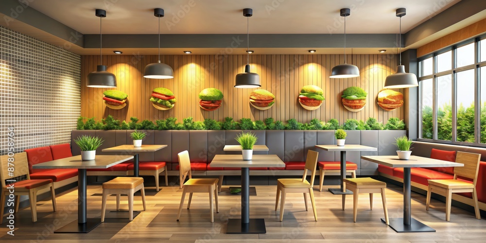 Modern Burger Restaurant Interior Design with Wooden Accents and Green ...