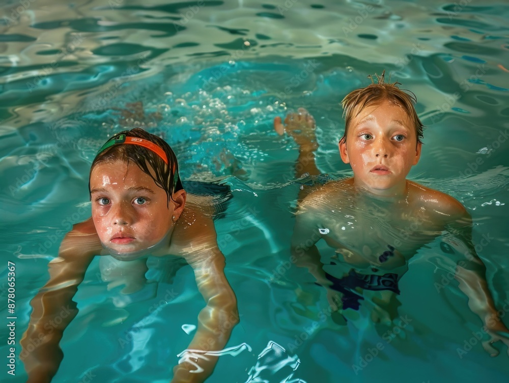 A group of young students are taking a swimming lesson in the school ...