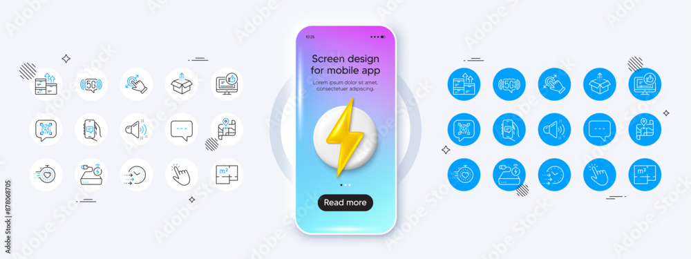 Vetor de Loud sound, Send box and Power bank line icons. Phone mockup ...