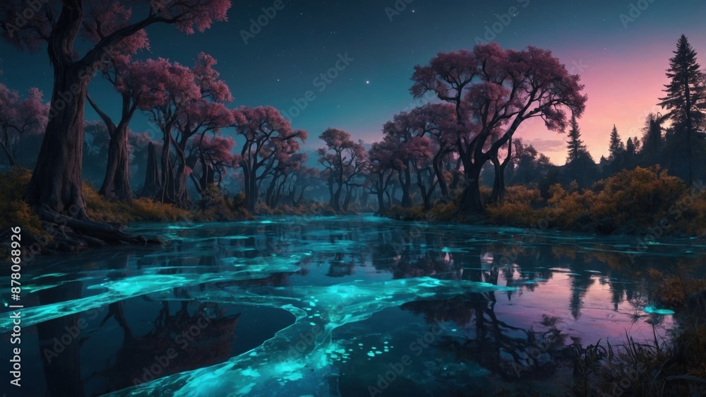 Magical twilight forest scene featuring glowing blue water and vibrant ...
