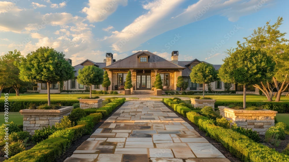 Ranch home with an elegant stone pathway flanked by symmetrical ...