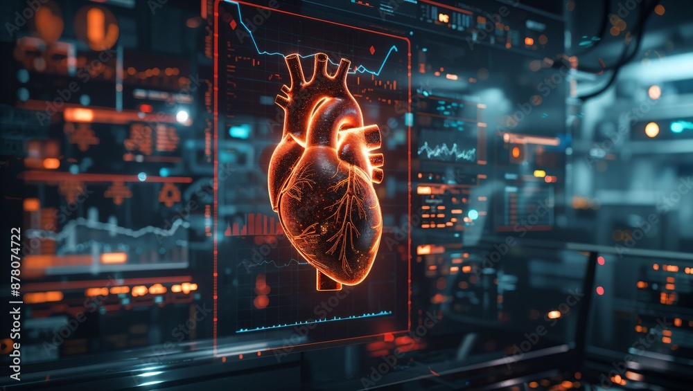 This image shows a high-tech digital dashboard featuring a human heart ...
