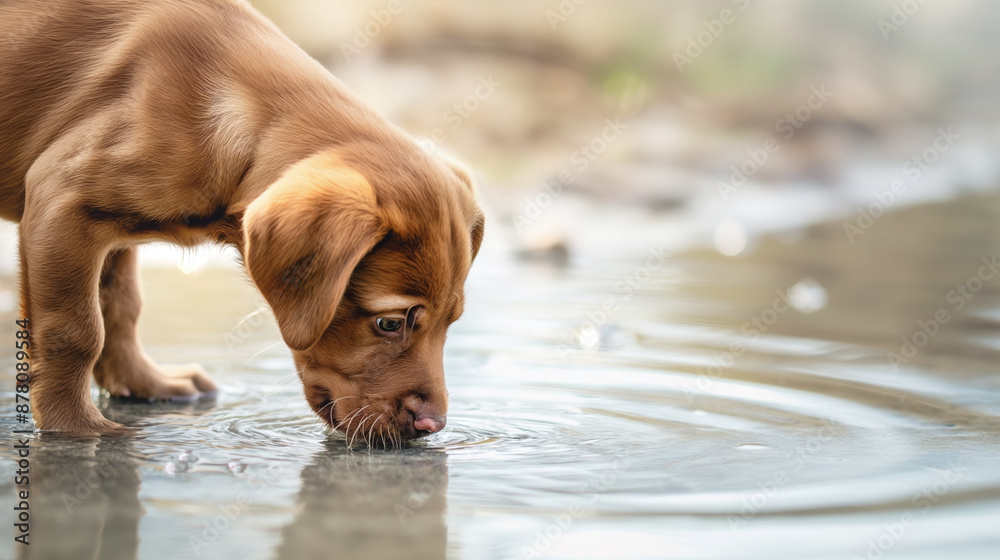 Puppy drinking water from a puddle. The close-up captures the puppy's ...