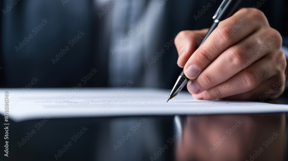 Professional hand signing a contract, dark background with subtle ...