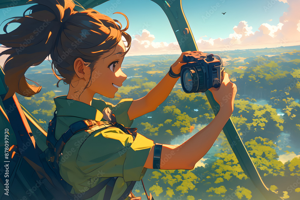 Adventurous girl snapping pictures of a verdant forest from a ...