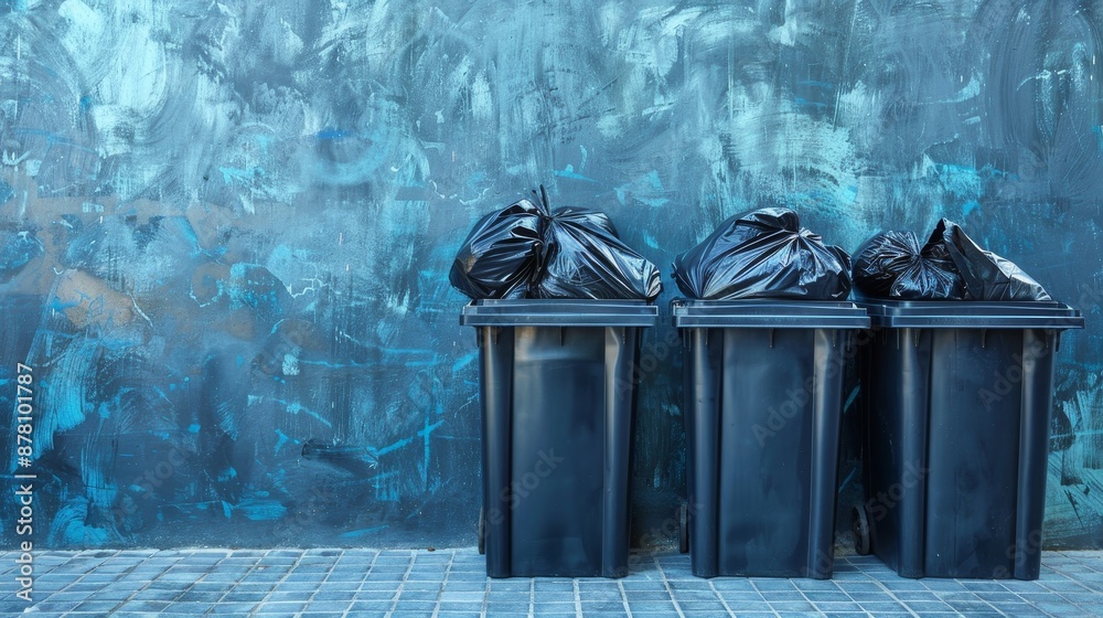 Many garbage bags and full waste bin at the park, waste management ...