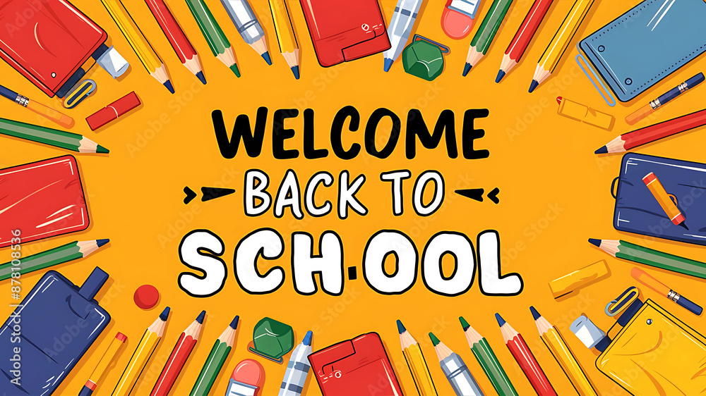 Back to school illustration. Welcome back to school greeting text with ...
